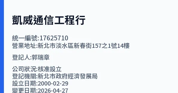 凱威通信工程行的照片-統編 17625710(新北市) 公司登記資料與營業項目詳細圖表