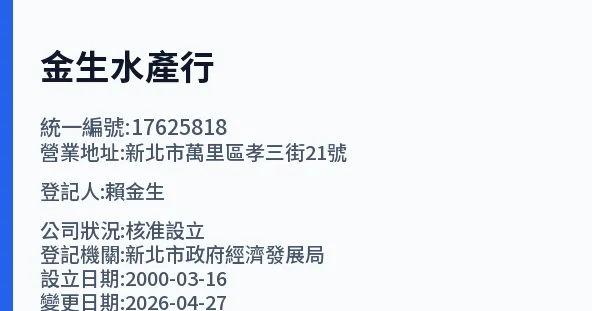金生水產行的照片-統編 17625818(新北市) 公司登記資料與營業項目詳細圖表