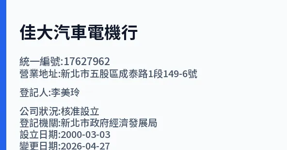 佳大汽車電機行的照片-統編 17627962(新北市) 公司登記資料與營業項目詳細圖表