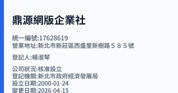 鼎源網版企業社的照片-統編 17628619(新北市) 公司登記資料與營業項目詳細圖表