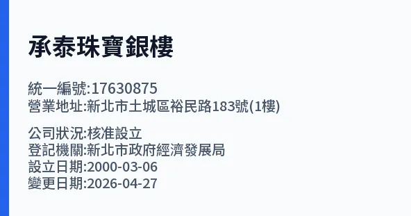 承泰珠寶銀樓的照片-統編 17630875(新北市) 公司登記資料與營業項目詳細圖表