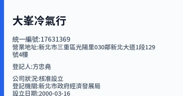 大峯冷氣行的照片-統編 17631369(新北市) 公司登記資料與營業項目詳細圖表