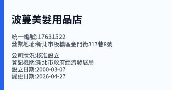 波蔓美髮用品店的照片-統編 17631522(新北市) 公司登記資料與營業項目詳細圖表