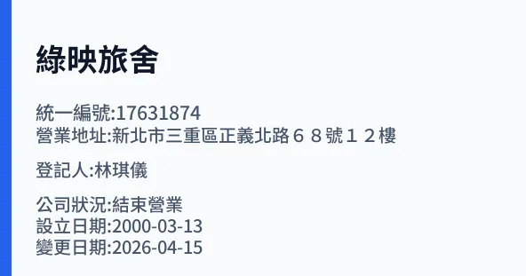 綠映旅舍的照片-統編 17631874(新北市) 公司登記資料與營業項目詳細圖表