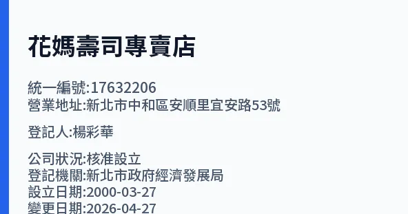 花媽壽司專賣店的照片-統編 17632206(新北市) 公司登記資料與營業項目詳細圖表
