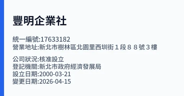 豐明企業社的照片-統編 17633182(新北市) 公司登記資料與營業項目詳細圖表