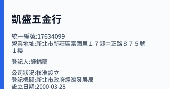 凱盛五金行的照片-統編 17634099(新北市) 公司登記資料與營業項目詳細圖表