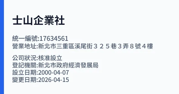 士山企業社的照片-統編 17634561(新北市) 公司登記資料與營業項目詳細圖表