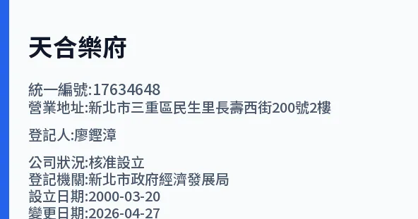 天合樂府的照片-統編 17634648(新北市) 公司登記資料與營業項目詳細圖表