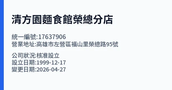 清方園麵食館榮總分店的照片-統編 17637906(高雄市) 公司登記資料與營業項目詳細圖表