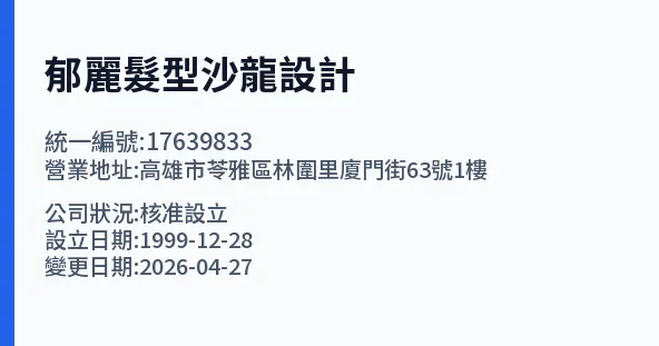 郁麗髮型沙龍設計的照片-統編 17639833(高雄市) 公司登記資料與營業項目詳細圖表