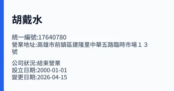 胡戴水的照片-統編 17640780(高雄市) 公司登記資料與營業項目詳細圖表