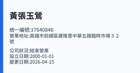 黃張玉鶯的照片-統編 17640846(高雄市) 公司登記資料與營業項目詳細圖表