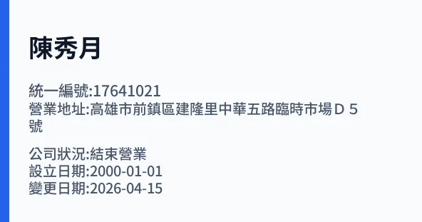 陳秀月的照片-統編 17641021(高雄市) 公司登記資料與營業項目詳細圖表