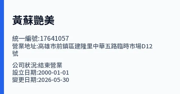 黃蘇艷美的照片-統編 17641057(高雄市) 公司登記資料與營業項目詳細圖表