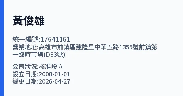 黃俊雄的照片-統編 17641161(高雄市) 公司登記資料與營業項目詳細圖表