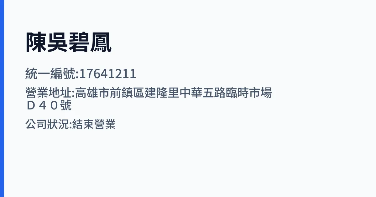 陳吳碧鳳 - 統編 17641211(高雄市) 公司登記資料與營業項目詳細圖表