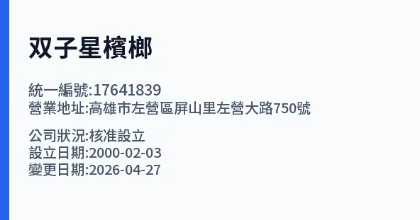 双子星檳榔的照片-統編 17641839(高雄市) 公司登記資料與營業項目詳細圖表