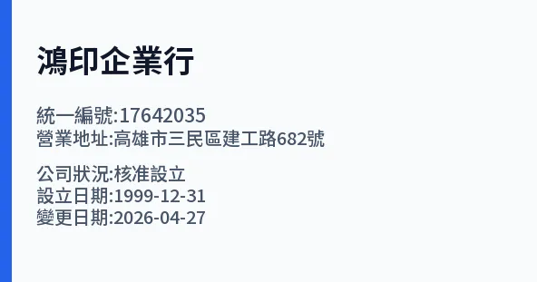 鴻印企業行的照片-統編 17642035(高雄市) 公司登記資料與營業項目詳細圖表