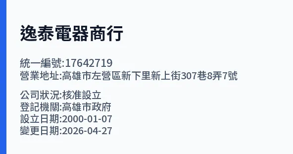 逸泰電器商行的照片-統編 17642719(高雄市) 公司登記資料與營業項目詳細圖表