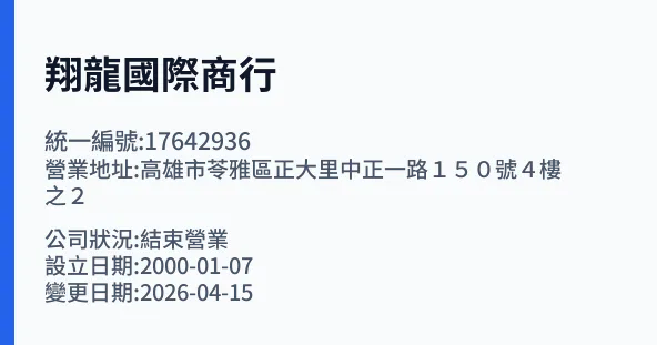 翔龍國際商行的照片-統編 17642936(高雄市) 公司登記資料與營業項目詳細圖表