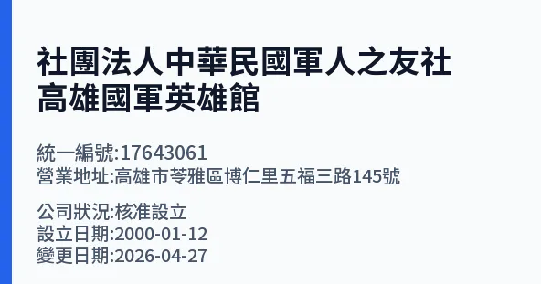 社團法人中華民國軍人之友社高雄國軍英雄館的照片-統編 17643061(高雄市) 公司登記資料與營業項目詳細圖表