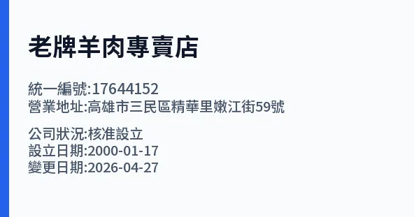 老牌羊肉專賣店的照片-統編 17644152(高雄市) 公司登記資料與營業項目詳細圖表