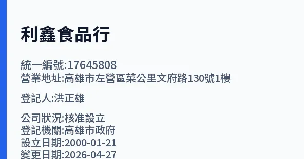 利鑫食品行的照片-統編 17645808(高雄市) 公司登記資料與營業項目詳細圖表