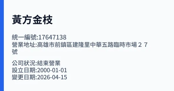 黃方金枝的照片-統編 17647138(高雄市) 公司登記資料與營業項目詳細圖表