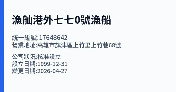 漁舢港外七七0號漁船的照片-統編 17648642(高雄市) 公司登記資料與營業項目詳細圖表