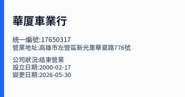 華厦車業行的照片-統編 17650317(高雄市) 公司登記資料與營業項目詳細圖表