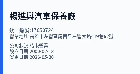 楊進興汽車保養廠的照片-統編 17650724(高雄市) 公司登記資料與營業項目詳細圖表