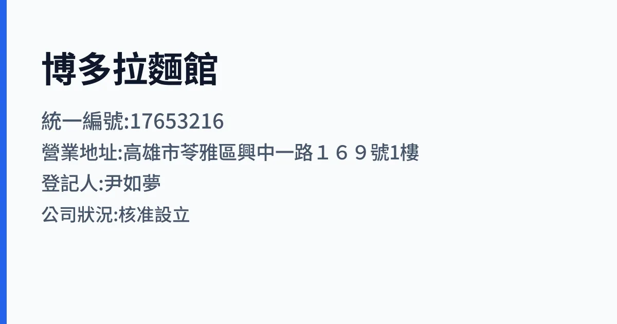 博多拉麵館 - 統編 17653216(高雄市) 公司登記資料與營業項目詳細圖表