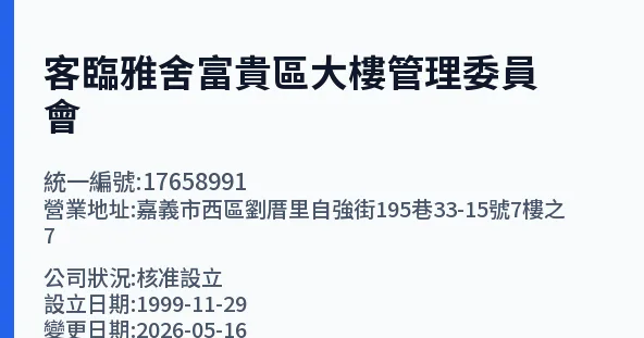 客臨雅舍富貴區大樓管理委員會的照片-統編 17658991(嘉義市) 公司登記資料與營業項目詳細圖表