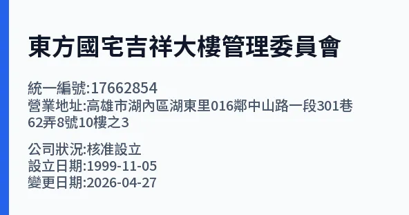 東方國宅吉祥大樓管理委員會的照片-統編 17662854(高雄市) 公司登記資料與營業項目詳細圖表
