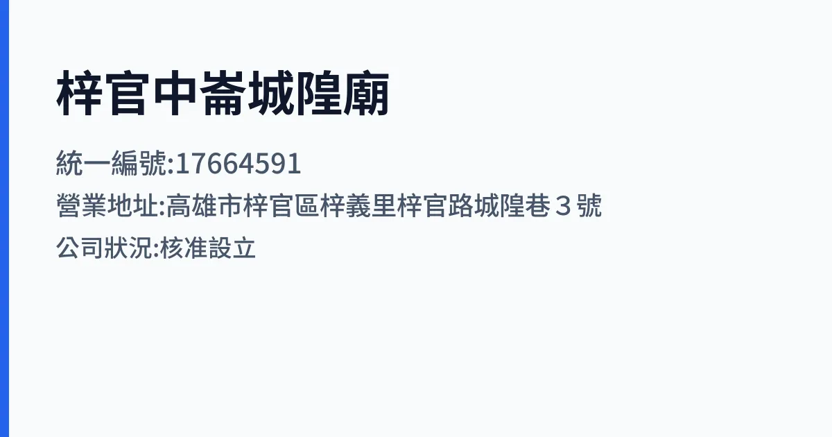 梓官中崙城隍廟 - 統編 17664591(高雄市) 公司登記資料與營業項目詳細圖表