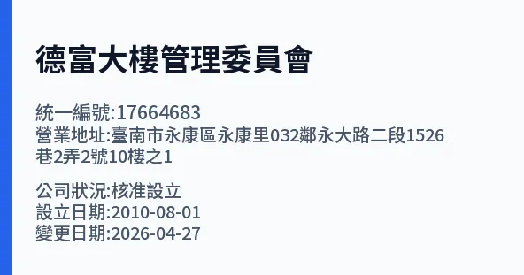 德富大樓管理委員會的照片-統編 17664683(臺南市) 公司登記資料與營業項目詳細圖表