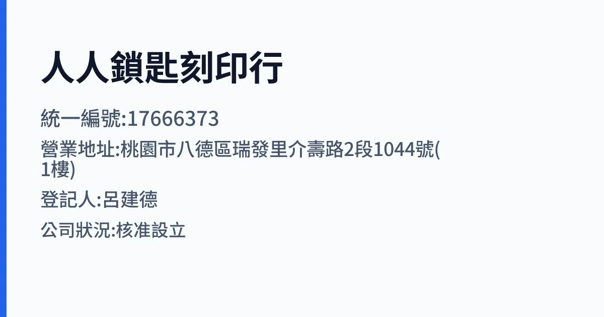 人人鎖匙刻印行 - 統編 17666373(桃園市) 公司登記資料與營業項目詳細圖表