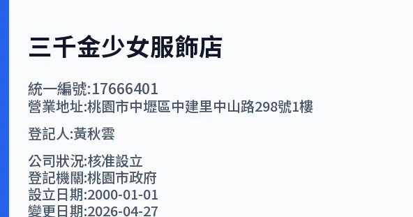 三千金少女服飾店的照片-統編 17666401(桃園市) 公司登記資料與營業項目詳細圖表