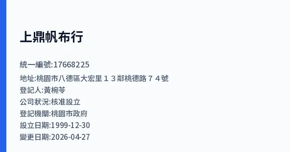 上鼎帆布行的照片-統編 17668225(桃園市) 公司登記資料與營業項目詳細圖表