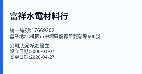 富祥水電材料行的照片-統編 17669202(桃園市) 公司登記資料與營業項目詳細圖表