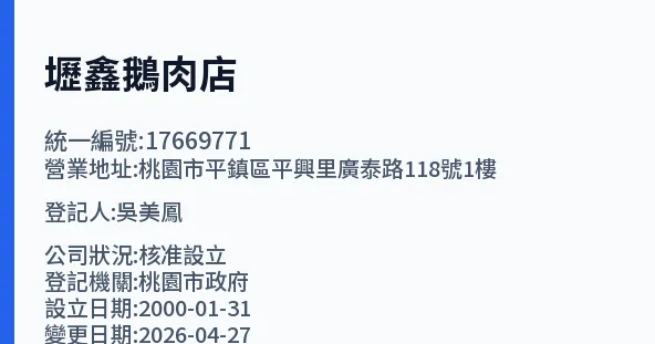壢鑫鵝肉店的照片-統編 17669771(桃園市) 公司登記資料與營業項目詳細圖表