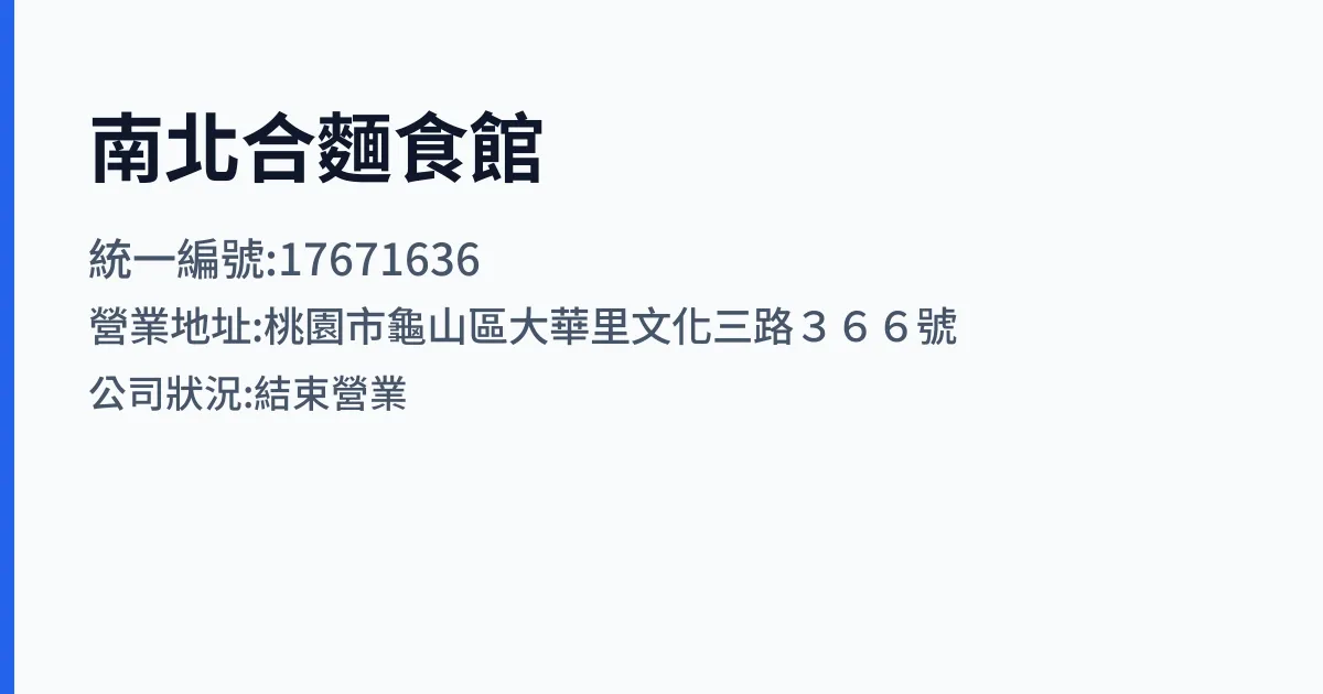 南北合麵食館 - 統編 17671636(桃園市) 公司登記資料與營業項目詳細圖表