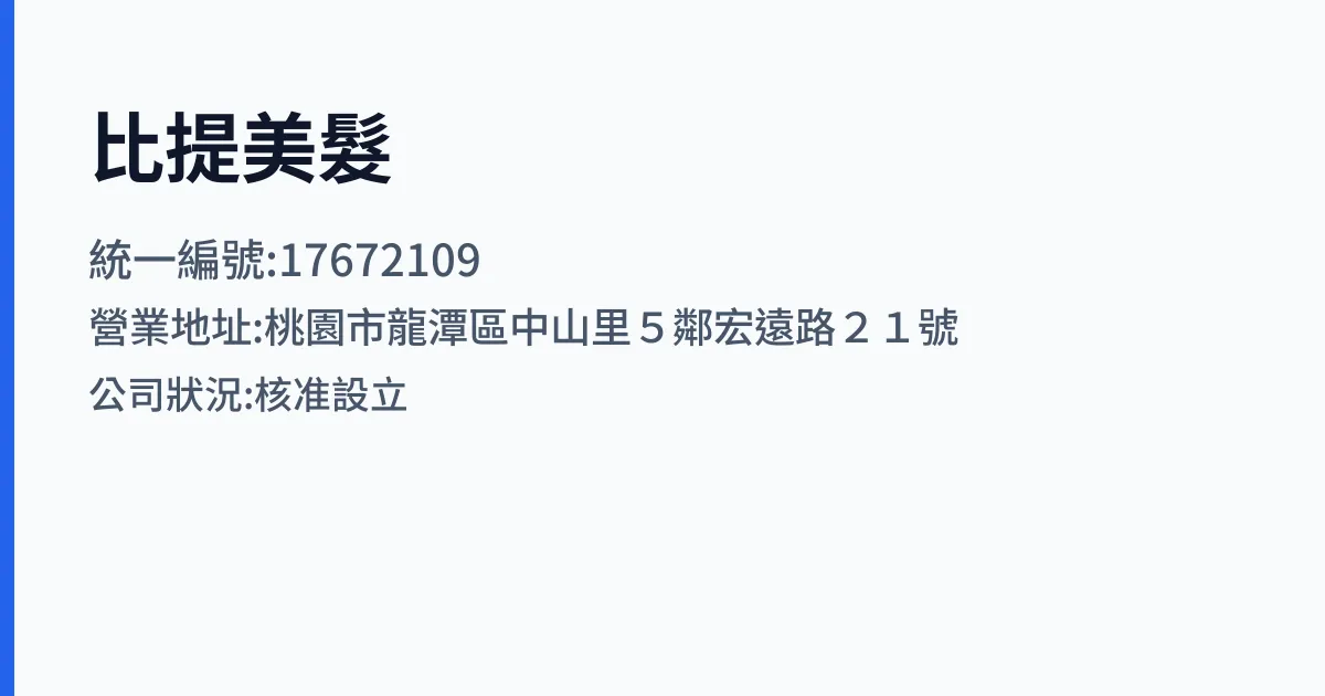 比提美髮 - 統編 17672109(桃園市) 公司登記資料與營業項目詳細圖表