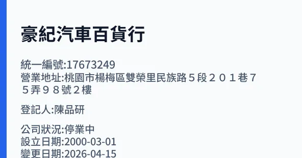 豪紀汽車百貨行的照片-統編 17673249(桃園市) 公司登記資料與營業項目詳細圖表