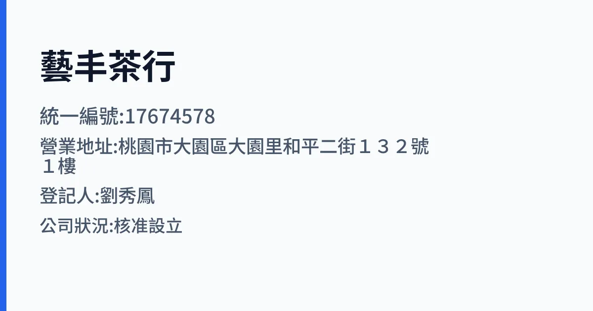 藝丰茶行 - 統編 17674578(桃園市) 公司登記資料與營業項目詳細圖表