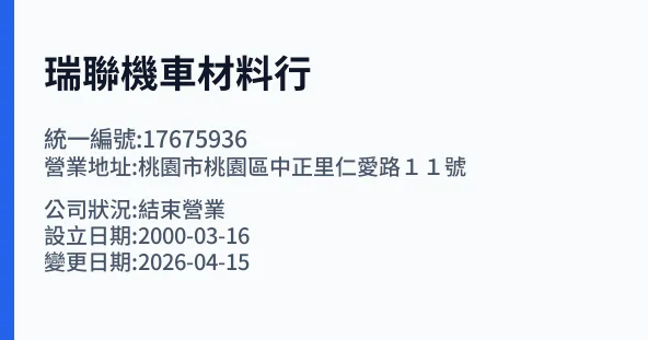 瑞聯機車材料行的照片-統編 17675936(桃園市) 公司登記資料與營業項目詳細圖表