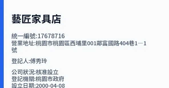 藝匠家具店的照片-統編 17678716(桃園市) 公司登記資料與營業項目詳細圖表