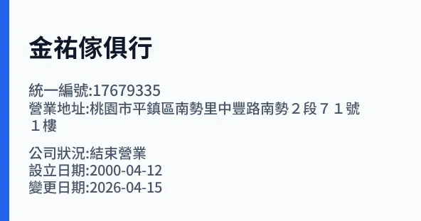 金祐傢俱行的照片-統編 17679335(桃園市) 公司登記資料與營業項目詳細圖表