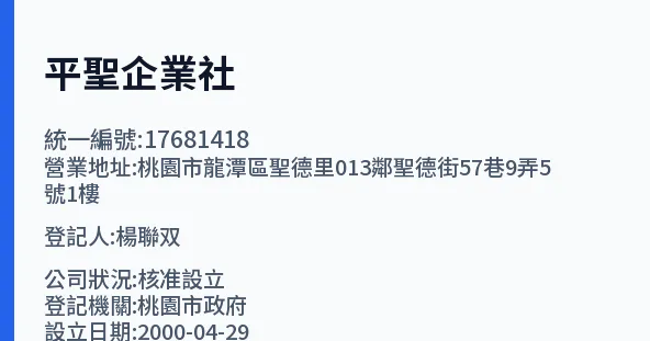 平聖企業社的照片-統編 17681418(桃園市) 公司登記資料與營業項目詳細圖表